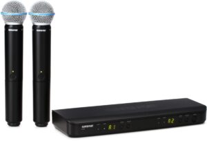 shure blx288/b58 uhf wireless microphone system - perfect for church, karaoke, vocals - 14-hour battery life, 300 ft range | includes (2) beta 58a handheld vocal mics, dual channel receiver | h10 band