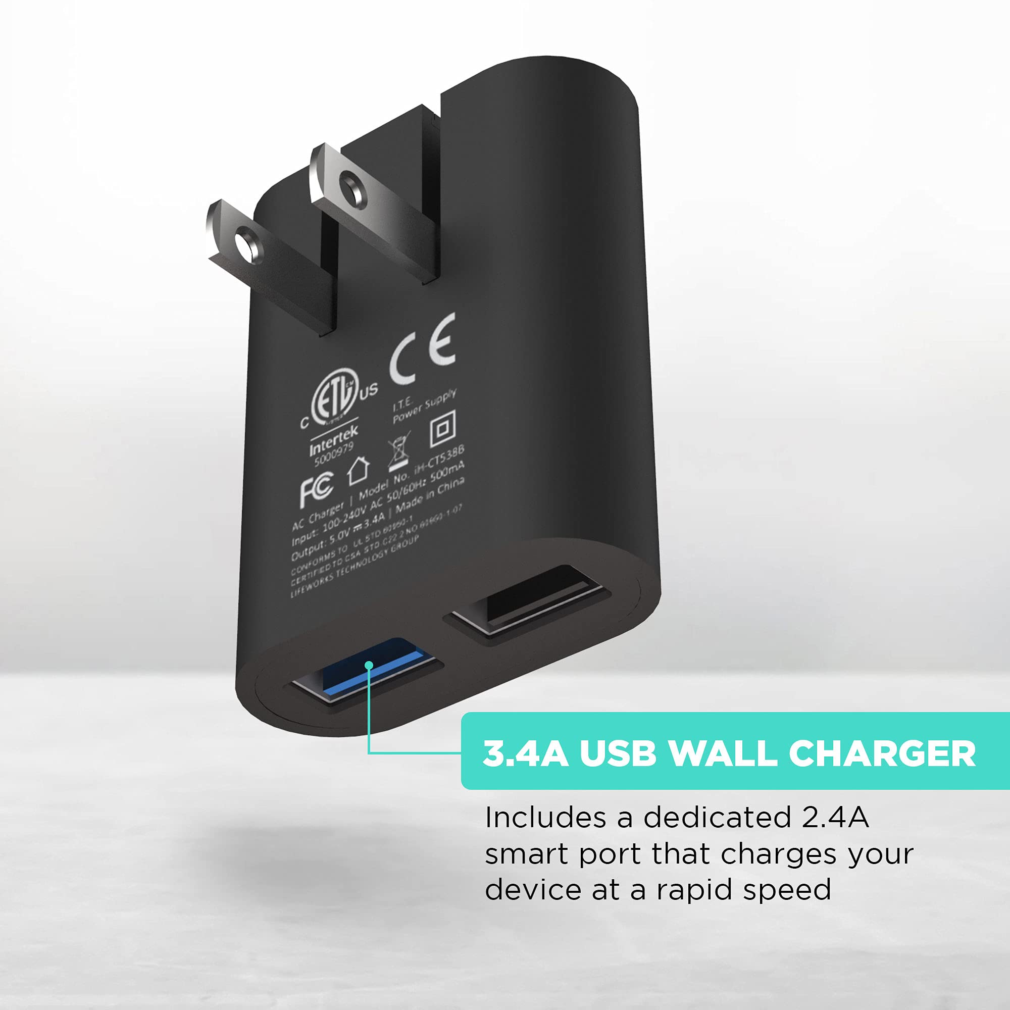 iHome 2 Port USB Wall Charger: AC Pro Multiport USB Charger, USB Plug Adapter & Phone Charging Block, Double USB Wall Plug, Flat 2 Port USB Charger & USB Wall Adapter