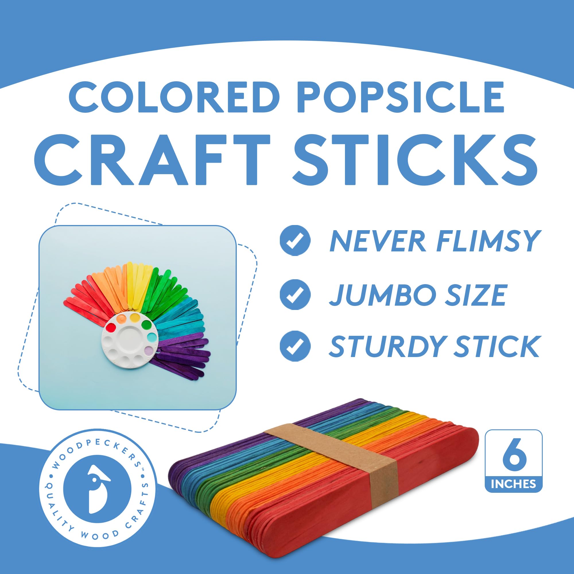 Colored Popsicle Sticks for Crafts, Large Colored Craft Sticks, Pack of 100, Each Stick 6" Long x 3/4" Wide, by Woodpeckers