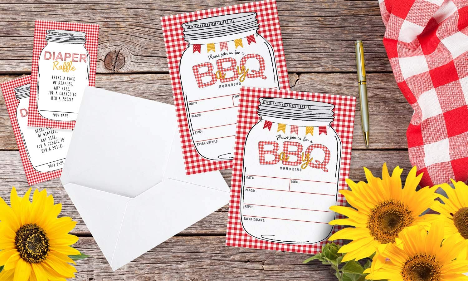 BabyQ BBQ Baby Shower Invitations For Girl or Boy, Diaper Raffle Cards Included, 20 Invites