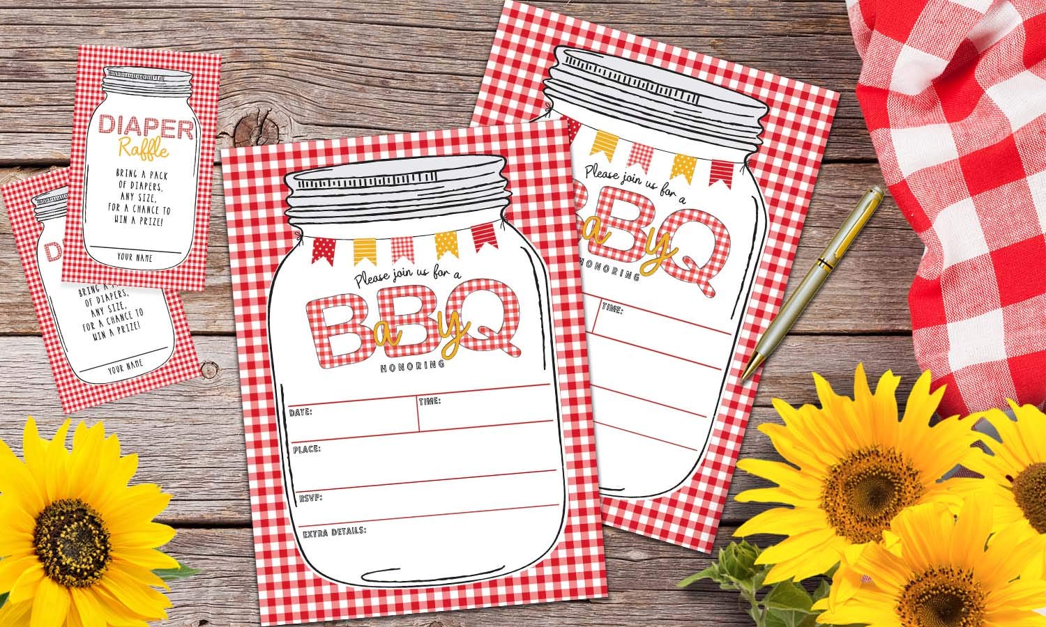 BabyQ BBQ Baby Shower Invitations For Girl or Boy, Diaper Raffle Cards Included, 20 Invites