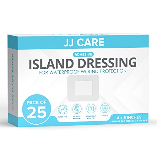 JJ CARE Waterproof Adhesive Island Dressing [Pack of 25], 4" x 5" Sterile Island Wound Dressing, Breathable Bordered Gauze Dressing, Individually Wrapped Latex Free Bandages with Non-Stick Central Pad