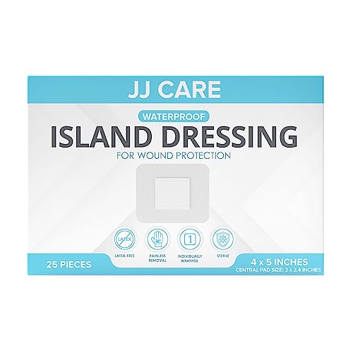 JJ CARE Waterproof Adhesive Island Dressing [Pack of 25], 4" x 5" Sterile Island Wound Dressing, Breathable Bordered Gauze Dressing, Individually Wrapped Latex Free Bandages with Non-Stick Central Pad