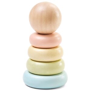 plantoys wooden stacking rings baby toy - sustainably made from rubberwood featuring organic-pigment coloring and water-based dyes with collapsible central rod for safety