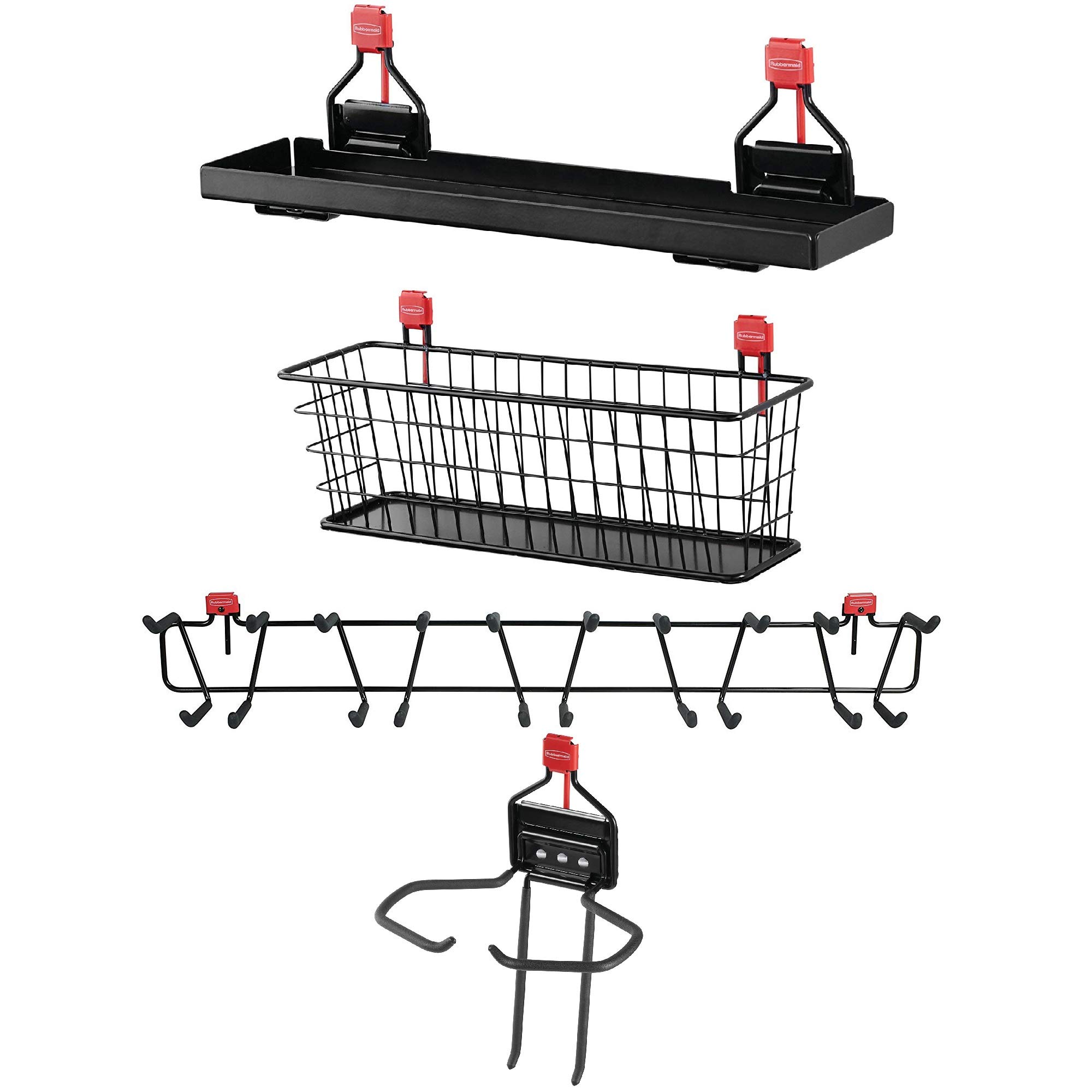 Rubbermaid Outdoor Storage Accessory Shelf (1 Pack); Mounted Basket Organizer (1 Pack); Tool Holder Accessory (1 Pack); 34 Inch Tool Rack (1 Pack)