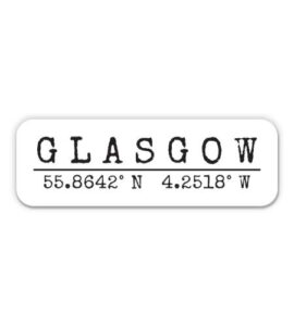 squiddy glasgow scotland - city coordinates travel luggage vinyl sticker decal - for phone, laptop, water bottle (3" wide)