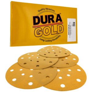 dura-gold premium 6" gold sanding discs - 220 grit (box of 50) - 17 hole pattern dustless hook & loop backing sandpaper for da sanders, aluminum oxide abrasive - sand automotive paint woodworking wood