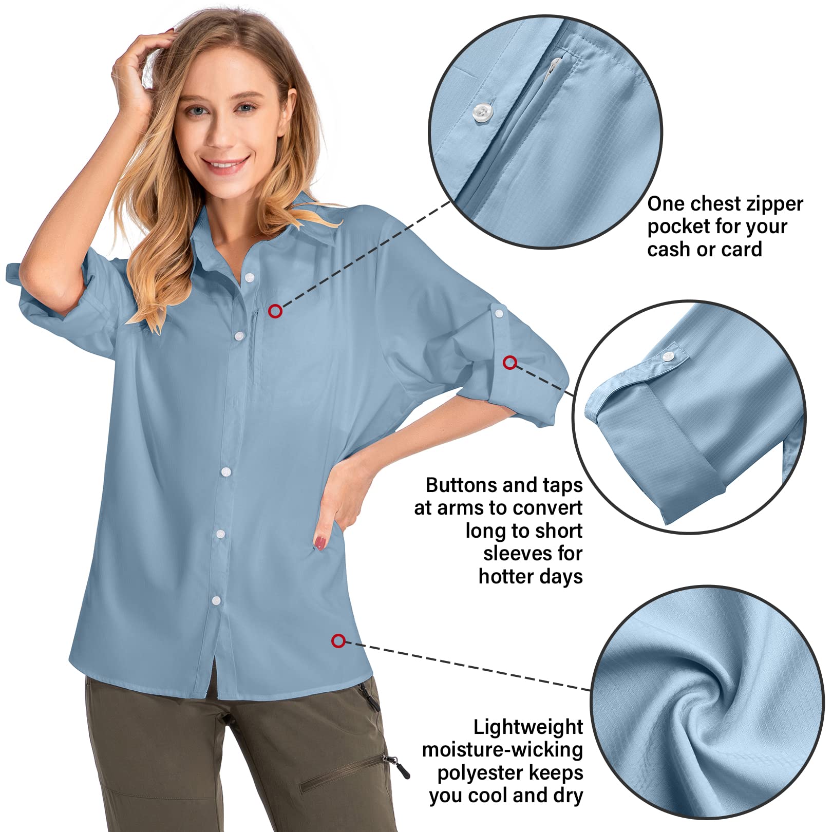 Women's UPF 50 Long Sleeve Sun Protection Shirts Quick Dry Outdoor Fishing Hiking Travel Shirt (5019 Blue, Medium)