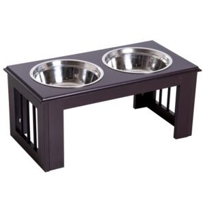 pawhut 10" height small puppy dog feeding station for messy pets, stainless steel elevated dog bowls with modern wooden frame, dog food stand pet feeding station, dark brown