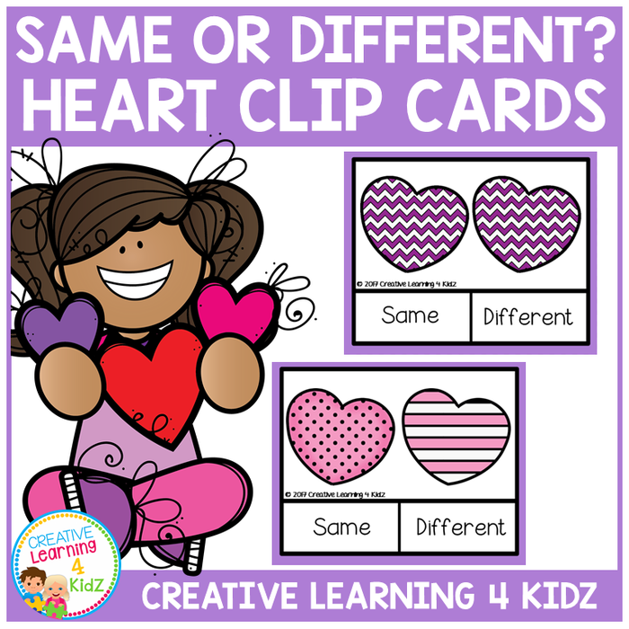 Same or Different Valentine's Day Heart Clip Cards