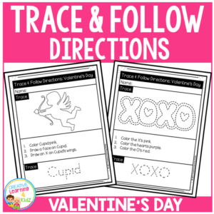 trace & follow directions worksheets: valentine's day