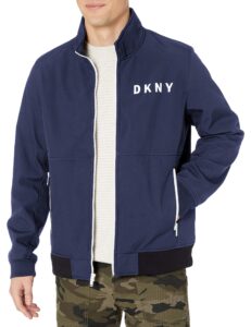 dkny men's stand collar softshell track bomber jacket, navy, large