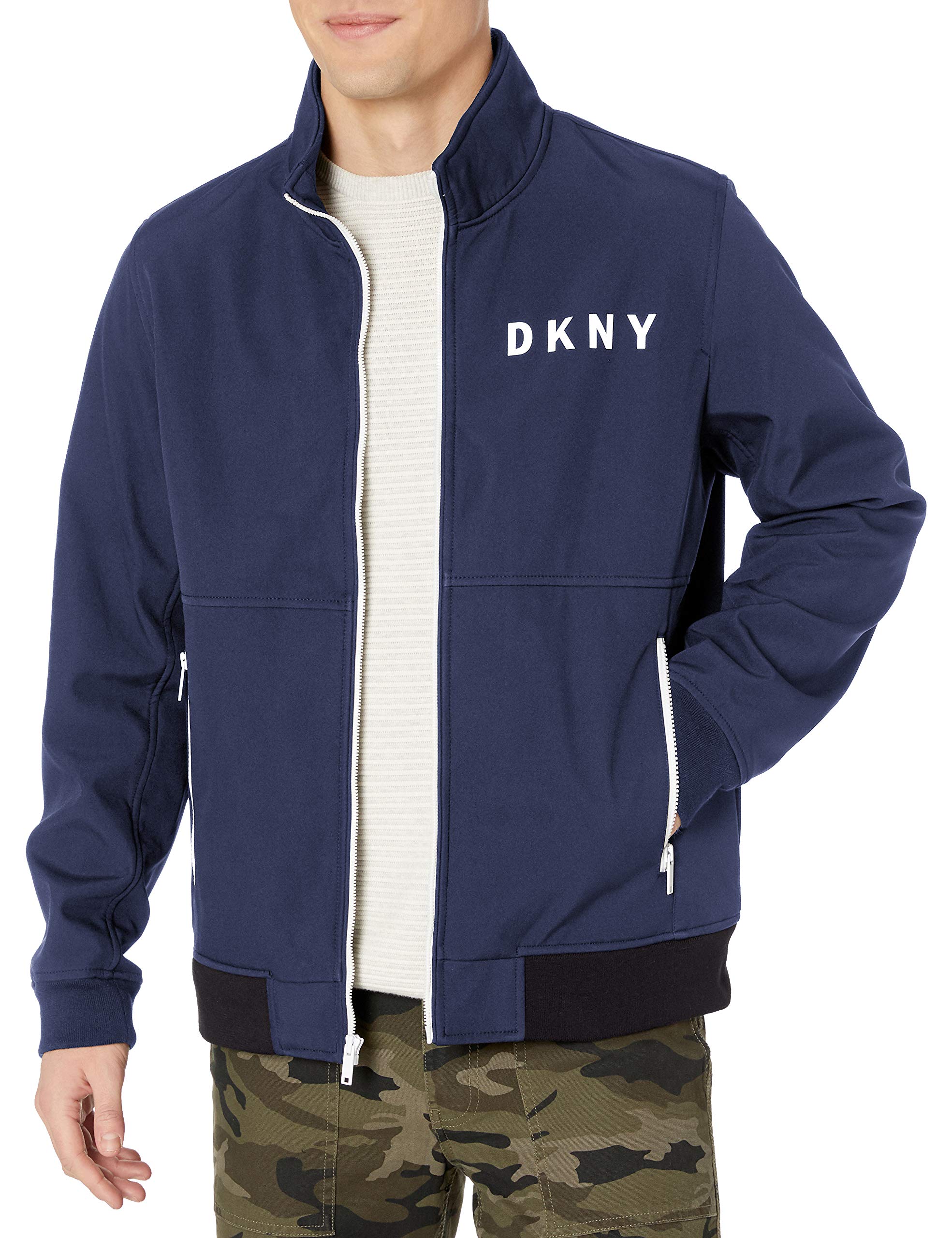 DKNY Men's Stand Collar Softshell Track Bomber Jacket, Navy, Large