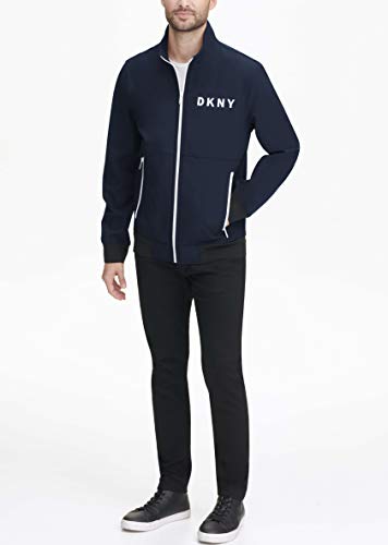 DKNY Men's Stand Collar Softshell Track Bomber Jacket, Navy, Large