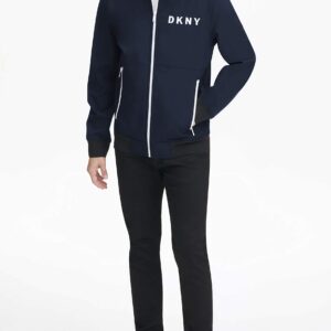 DKNY Men's Stand Collar Softshell Track Bomber Jacket, Navy, Large