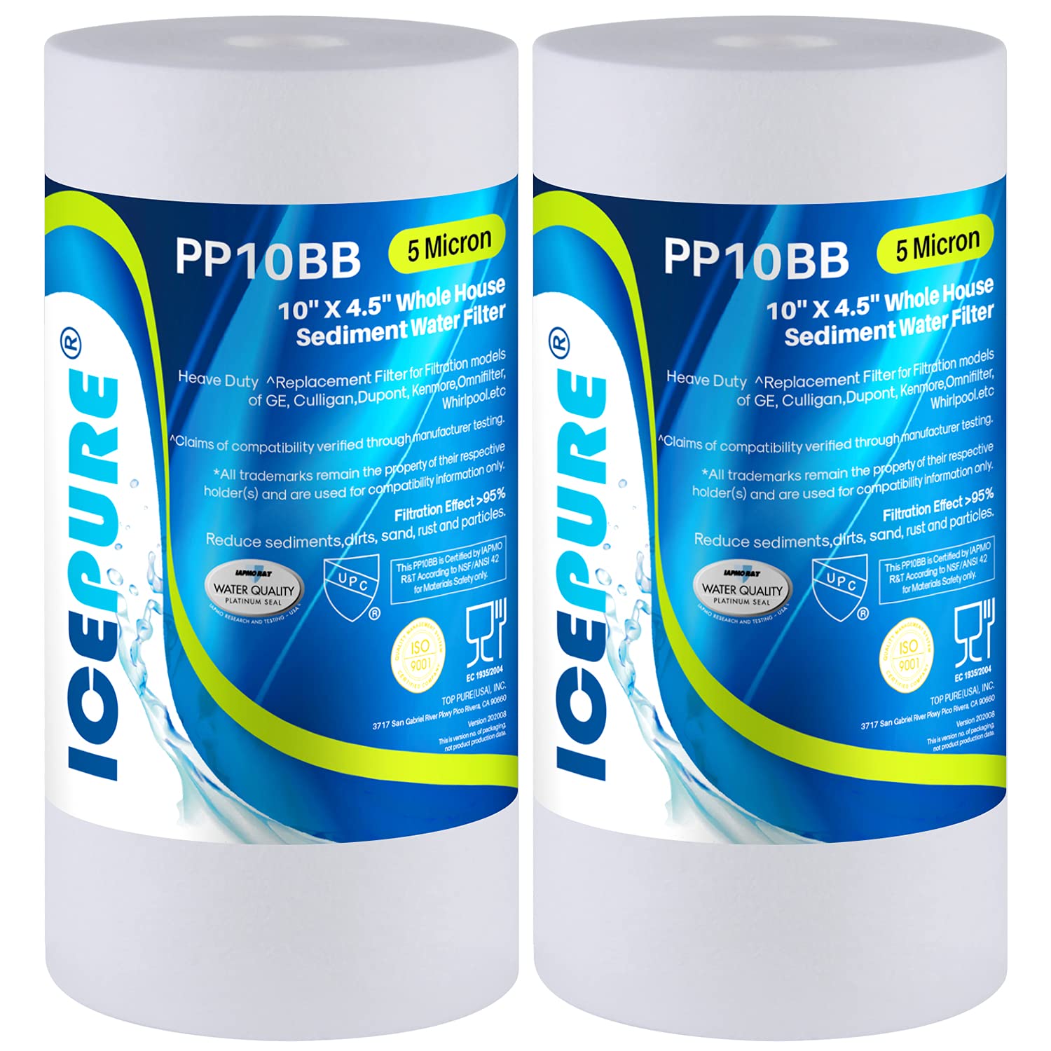 ICEPURE Whole House Sediment Water Filter 5 Micron 10" x 4.5" Compatible with Culligan RFC-BBSA, W15-PR, HD-950, WFHD13001B, GXWH35F, GXWH30C, 3M Aqua-Pure AP817, Whirlpool WHKF-GD25BB, PP10BB 2PACK