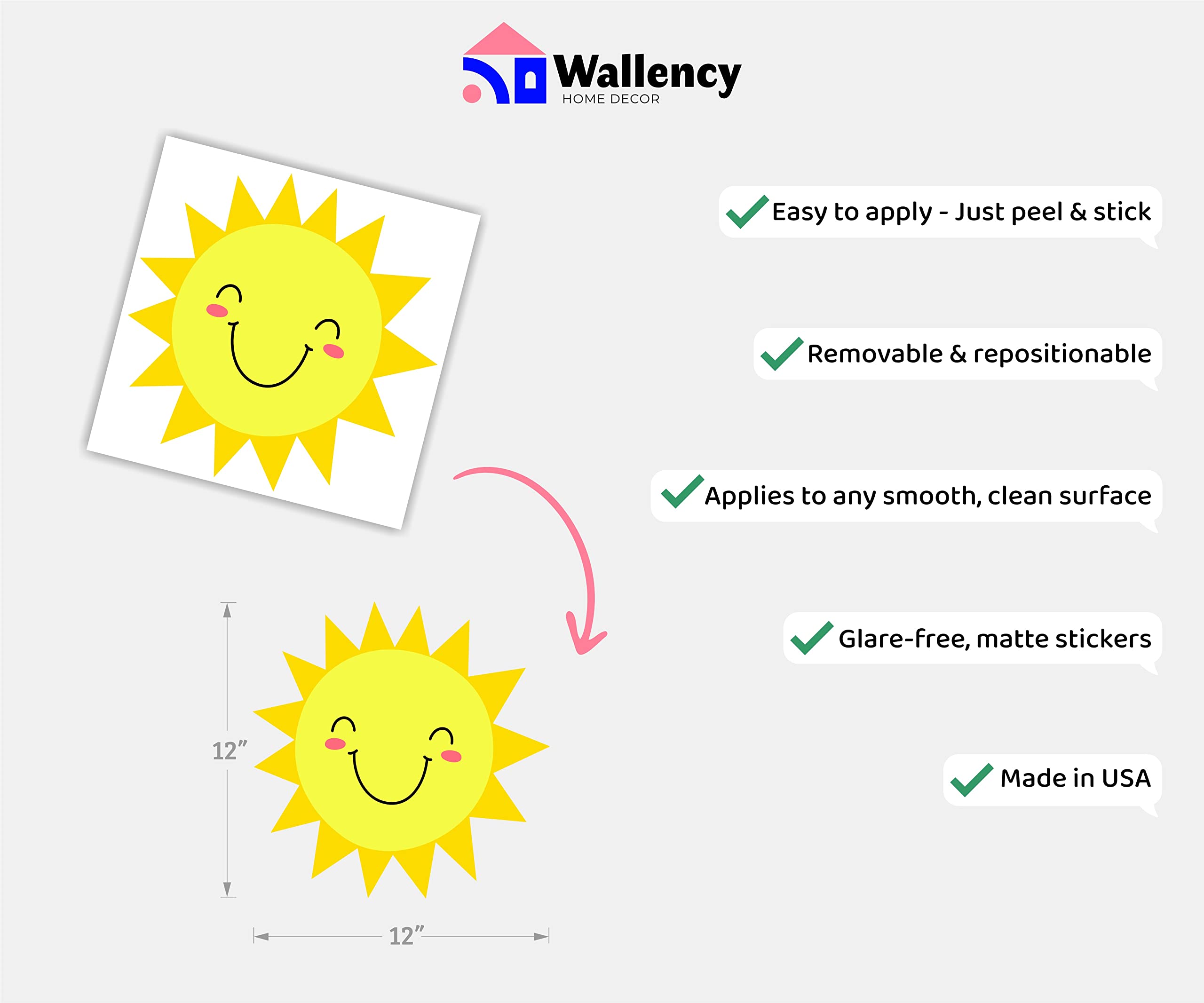 Wallency Sun Wall Decal - Wall Sticker for Kids Room, Bedroom, Kindergarten, School - Nordic Nursery Decor - Peel and Stick, Removable Wall Stickers - Made in The USA (12" x 12", Happy Sun)