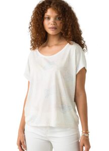 prana women's shady springs top, soft white dotty, large