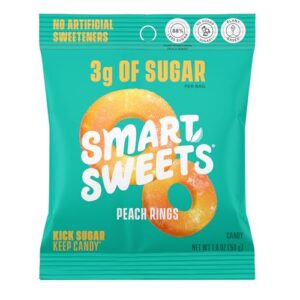 smartsweets peach rings, candy with low sugar 3g, low calorie 100, net carb 10, plant based, gluten free, no artifical colors or sweeteners 1.8 oz bags (pack of 6)