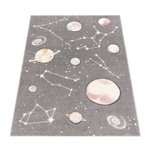 Kids Rug Play Rug Space Area Galaxy for Children´s Room Planets and Stars in Grey, Size:5'3" x 7'7"