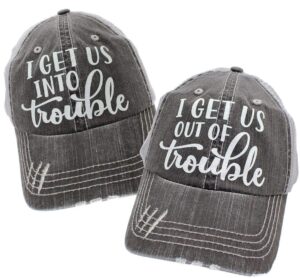 r2n fashions i get us into trouble out of trouble women's trucker hat cap (i get us into out of trouble (2pc set))