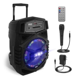 pyle 12'' portable bluetooth speaker system - 1000w karaoke speaker w/ led lights, usb/micro sd/fm/bt/aux/remote control/mic & guitar inputs, built-in rechargeable battery w/ wheels & handle bar