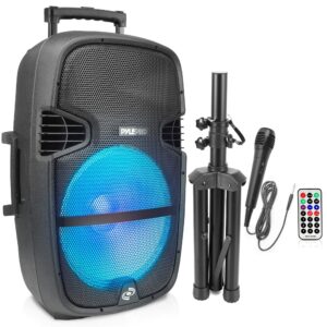 pyle portable bluetooth pa speaker system - 1000w outdoor bluetooth speaker system w/microphone in, party lights, usb sd card reader, fm radio, wheels - remote control, tripod pphp1548b, black,blue