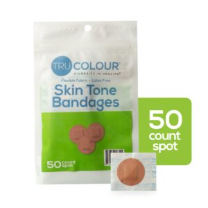 Tru Colour - Spot Bandages, Flexible Fabric Adhesive Bandages, Olive Skin Tone Shade, Green Bag, 50 Count