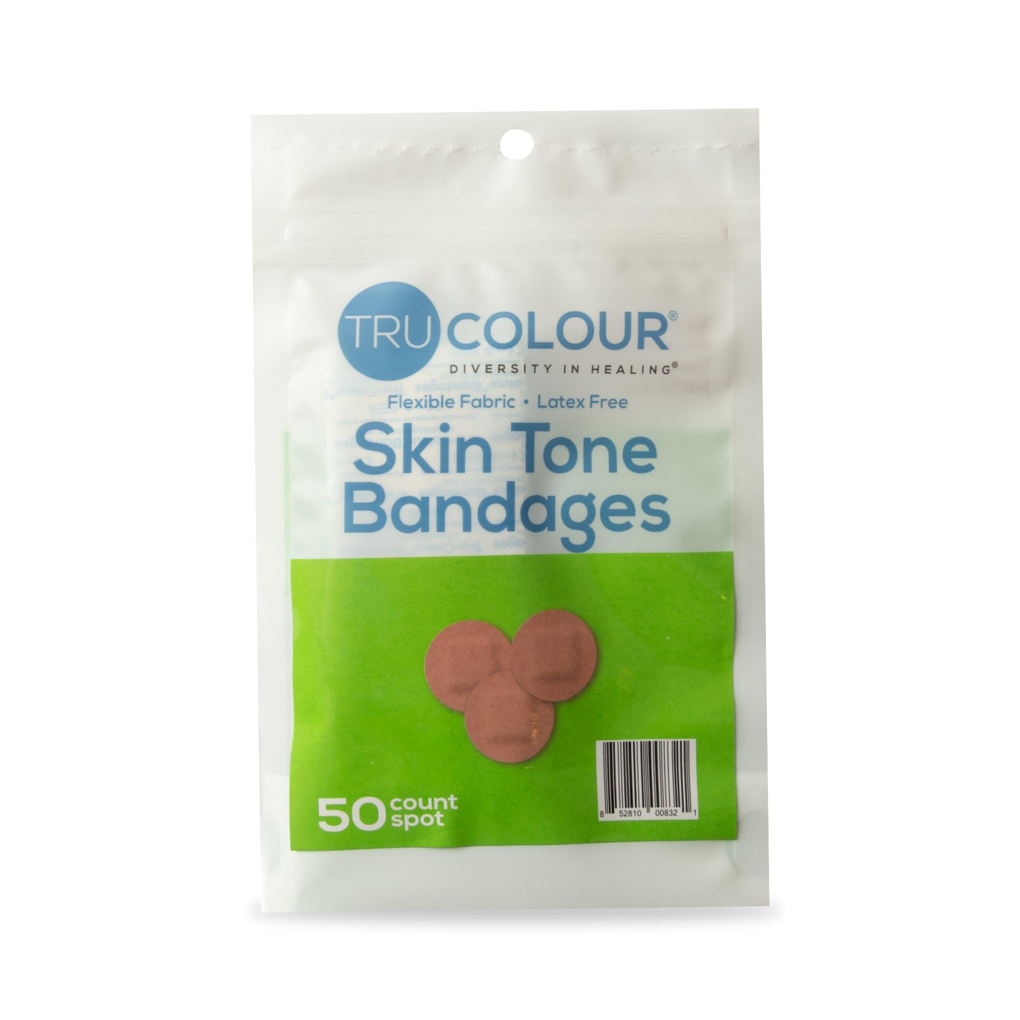 Tru Colour - Spot Bandages, Flexible Fabric Adhesive Bandages, Olive Skin Tone Shade, Green Bag, 50 Count