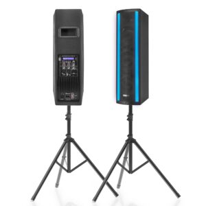 pyle portable bluetooth pa speaker system - 3-way active & passive outdoor bluetooth speaker portable pa system w/ microphone in, party lights, fm radio - tripod, remote - pyle ps65act,black