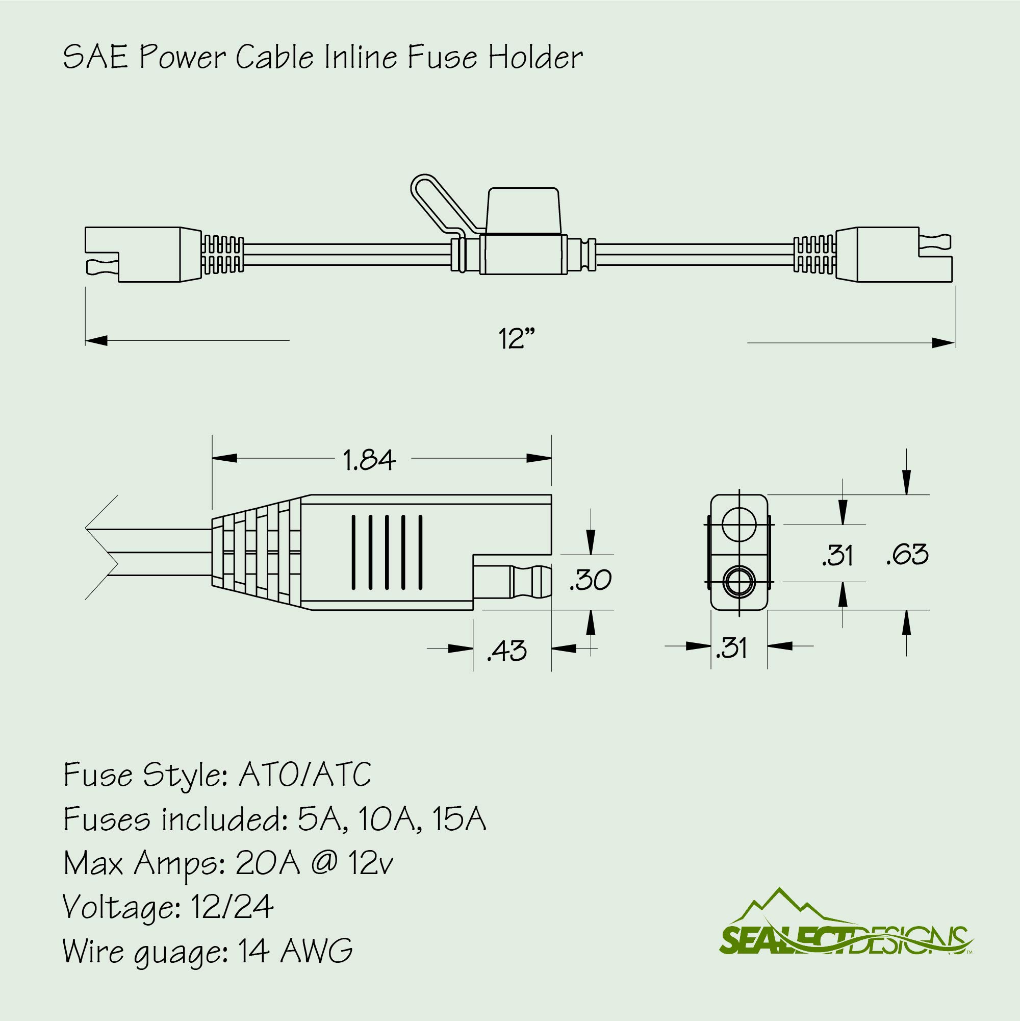 Sea-Lect Designs SAE 14 AWG Power Cable Inline Fuse Holder