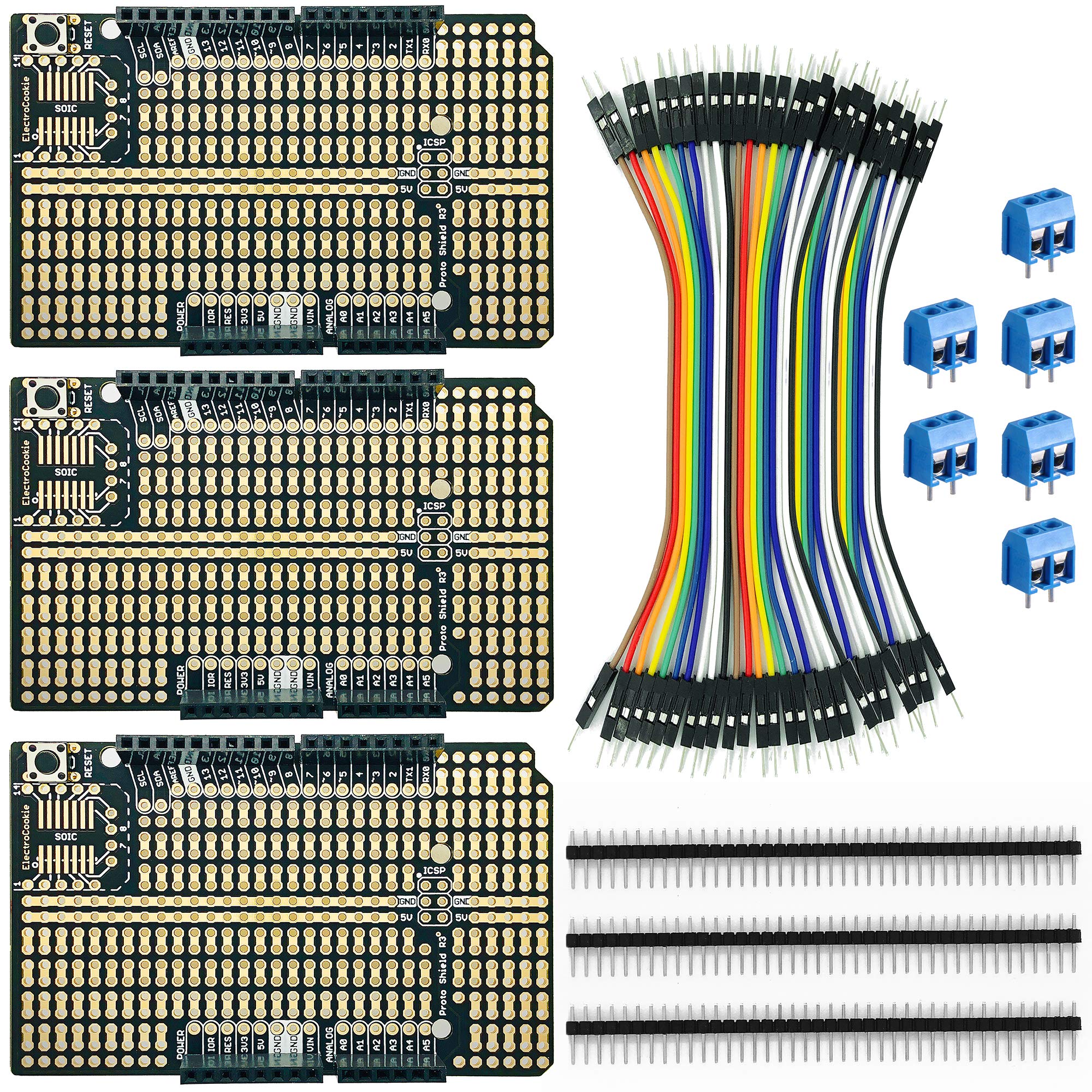 ElectroCookie Proto Shield Kit Compatible with Arduino Uno, Stackable DIY Expansion Prototype PCB (3 Pack)