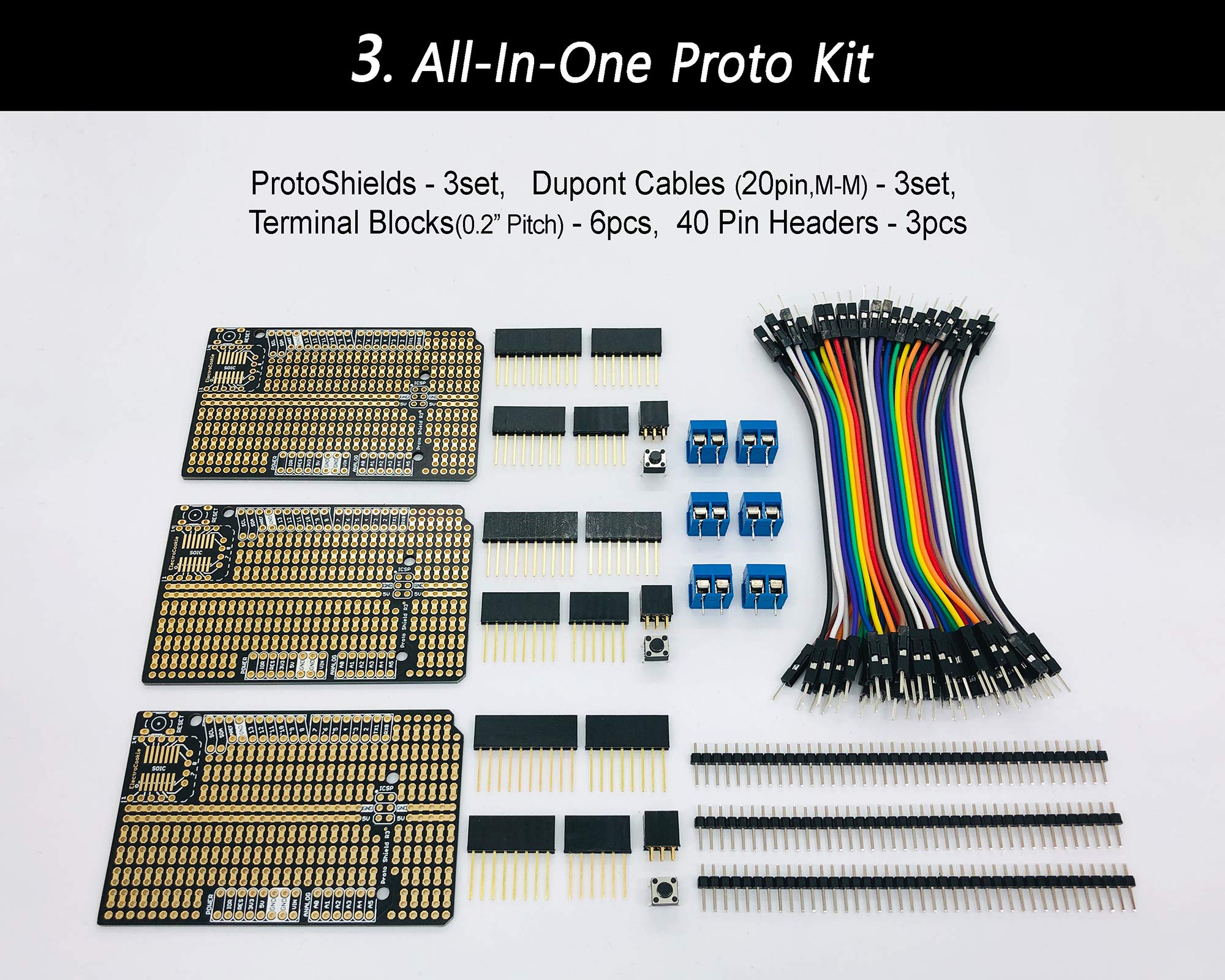 ElectroCookie Proto Shield Kit Compatible with Arduino Uno, Stackable DIY Expansion Prototype PCB (3 Pack)