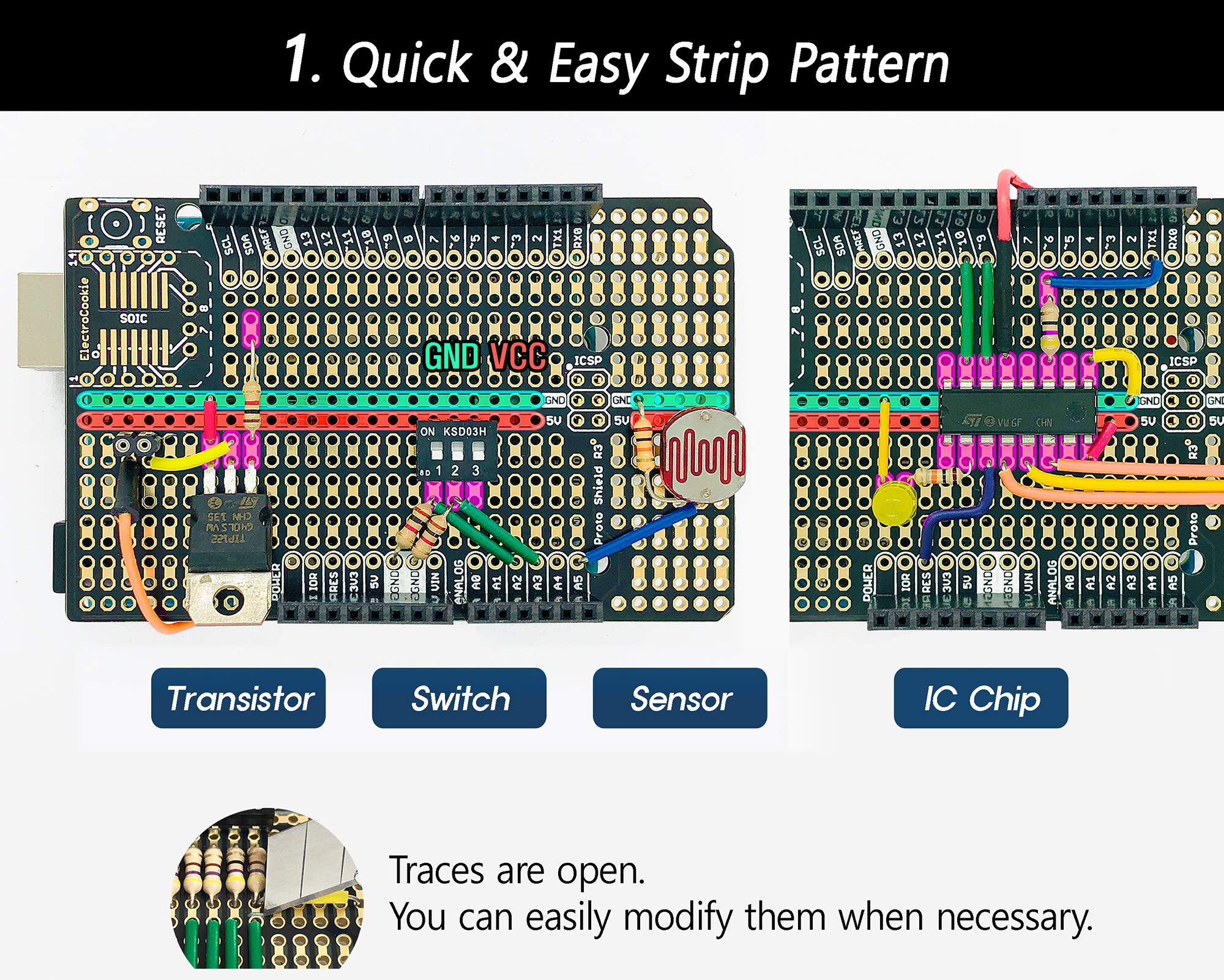 ElectroCookie Proto Shield Kit Compatible with Arduino Uno, Stackable DIY Expansion Prototype PCB (3 Pack)