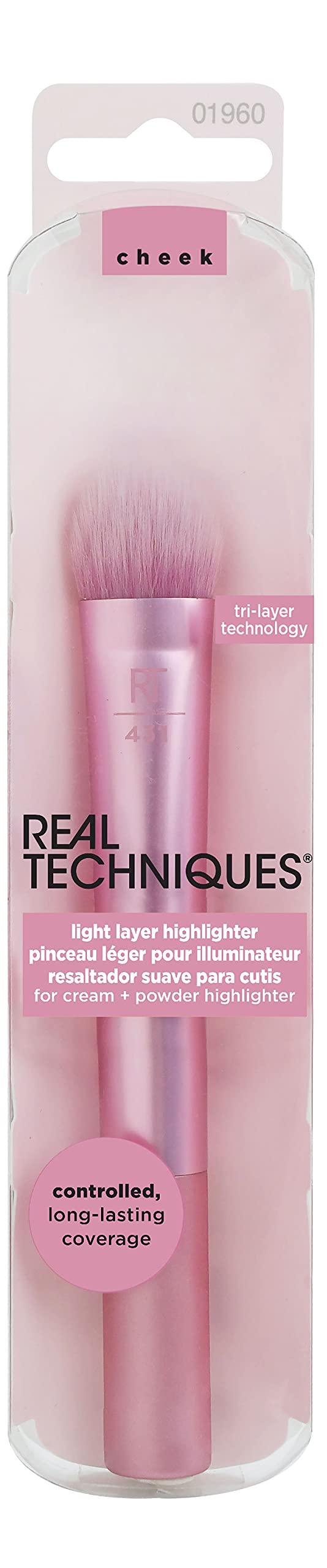 Real Techniques Light Layer Highlighter Makeup Brush, For Cream & Powder Highlighter, Controlled, Long Lasting Coverage, Tri Layer Cruelty Free Bristles, Pink, 1 Count