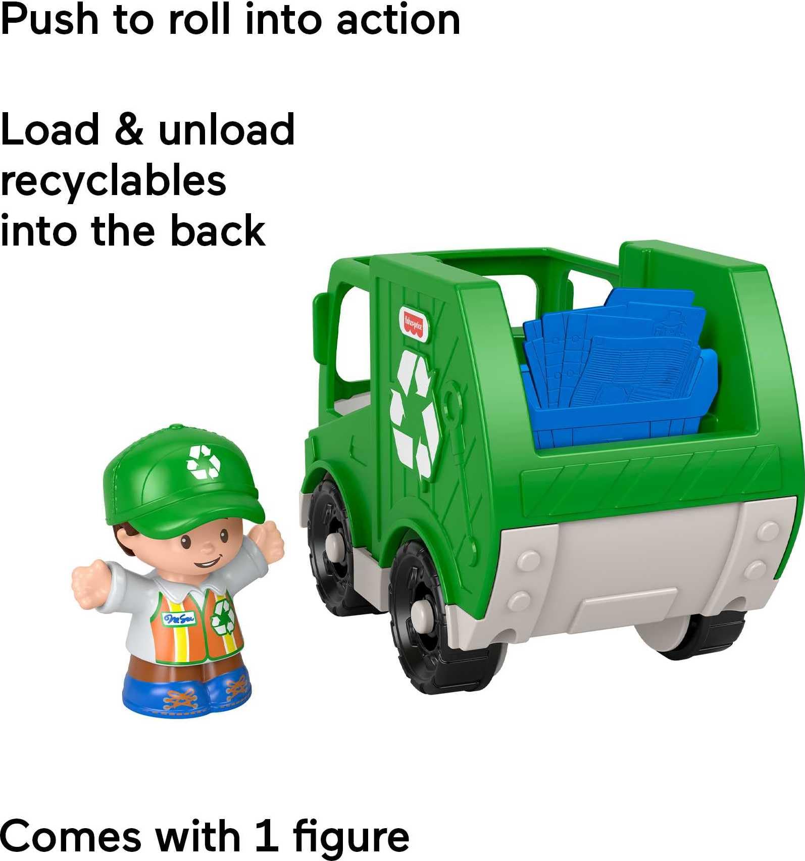 Fisher-Price Little People Recycle Truck, push-along vehicle with figure and play accessory for toddlers and preschool kids ages 1-5 years