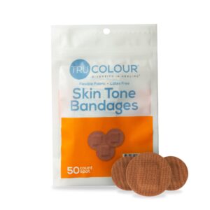 tru colour - spot bandages, flexible fabric adhesive bandages, brown skin tone shade, orange bag, 50 count