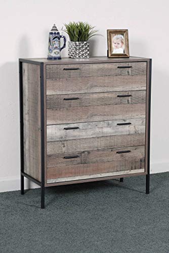 OS Home and Office Furniture Model Metal Frame and Legs four drawer chest, Rustic Reclaimed Barnwood Laminate