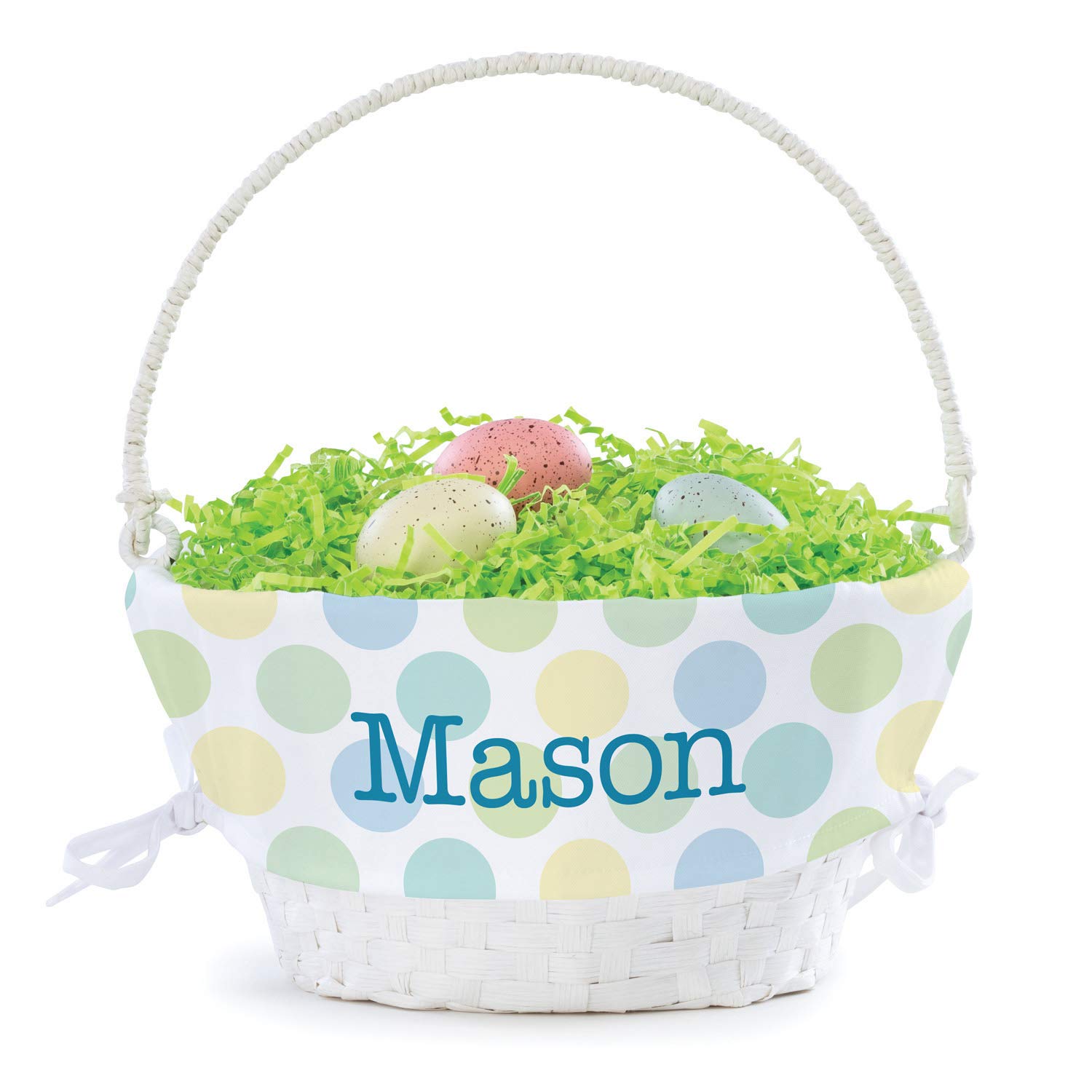 Personalized Easter Egg Basket For Him with Handle and Custom Name | Polka Dot Easter Basket Liners | White Basket | Woven Easter Baskets for Kids | Customized Easter Basket | Gift for Easter