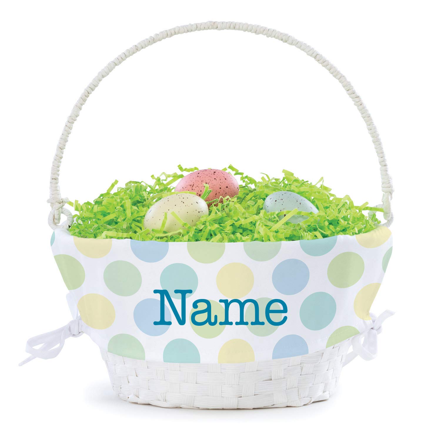 Personalized Easter Egg Basket For Him with Handle and Custom Name | Polka Dot Easter Basket Liners | White Basket | Woven Easter Baskets for Kids | Customized Easter Basket | Gift for Easter