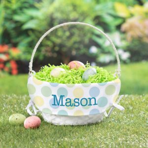 Personalized Easter Egg Basket For Him with Handle and Custom Name | Polka Dot Easter Basket Liners | White Basket | Woven Easter Baskets for Kids | Customized Easter Basket | Gift for Easter