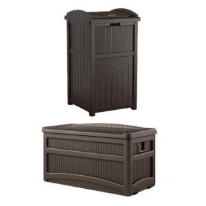 suncast 73 gallon deck box w/ seat & trash hideaway outdoor garbage bin, java