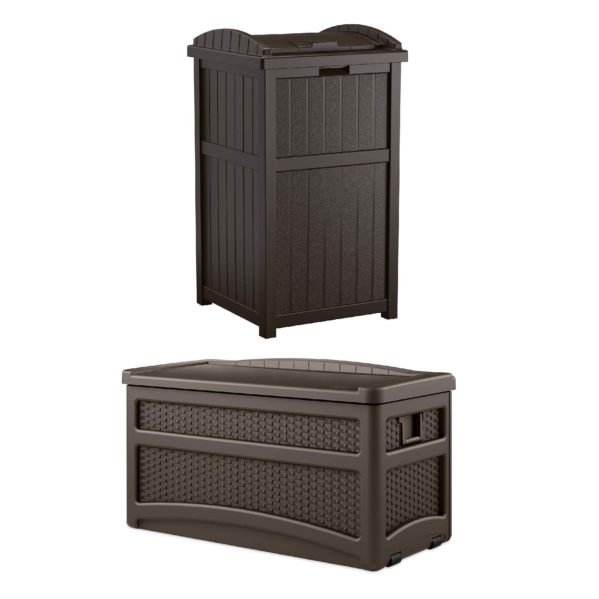 Suncast 73 Gallon Deck Box w/ Seat & Trash Hideaway Outdoor Garbage Bin, Java