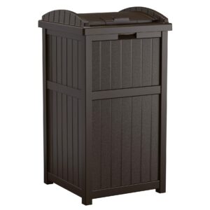 Suncast 73 Gallon Deck Box w/ Seat & Trash Hideaway Outdoor Garbage Bin, Java