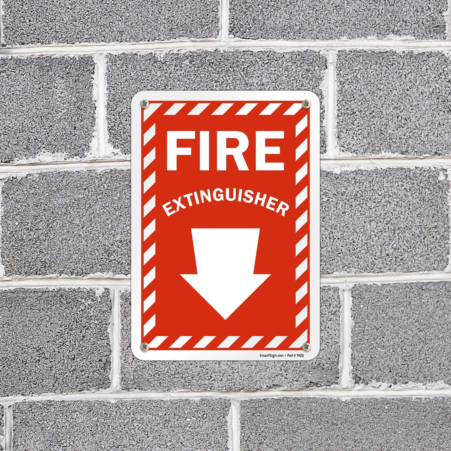 SmartSign 10 x 7 inch “Fire Extinguisher” Sign with Down Arrow and Pre-Cleared Holes, Digitally Printed, 55 mil HDPE Plastic, Red and White