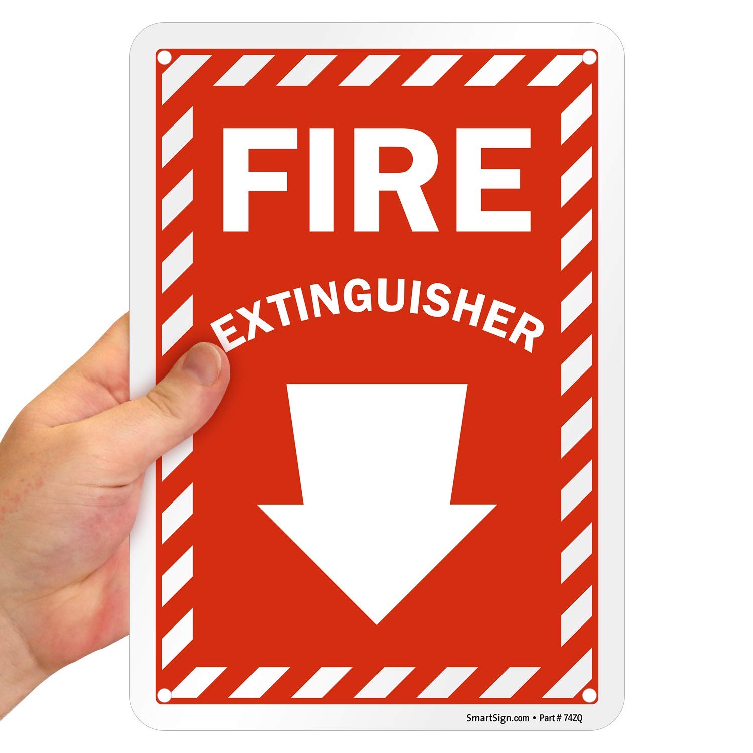 SmartSign 10 x 7 inch “Fire Extinguisher” Sign with Down Arrow and Pre-Cleared Holes, Digitally Printed, 55 mil HDPE Plastic, Red and White