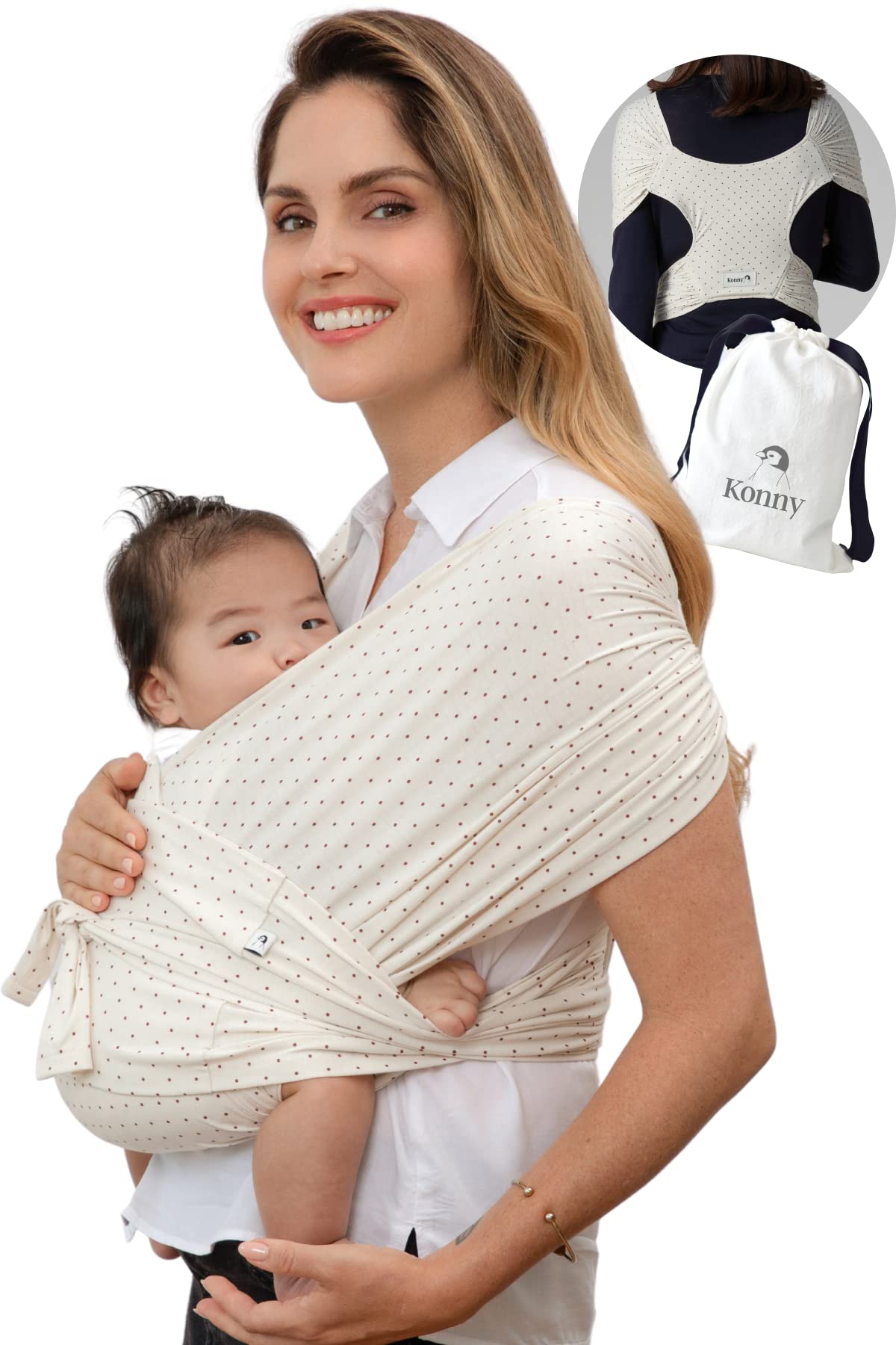 Konny Baby Carrier Elastech Luxury Carrier Wrap, Easy to Wear Baby Wrap Carrier, Perfect Essentials Cloths for Newborn Babies up to 44 lbs, (Wine Dot, M)