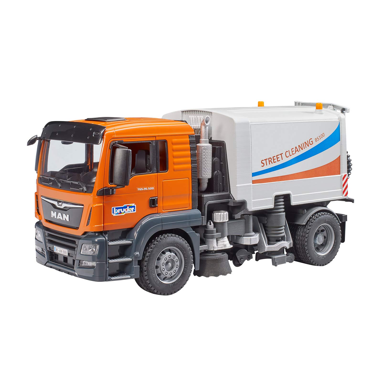 Bruder Toys - Commercial Realistic MAN TGS Street Sweeper Truck with Open-able Doors, Adjustable Brushes, and Flexible Hose - Ages 4+