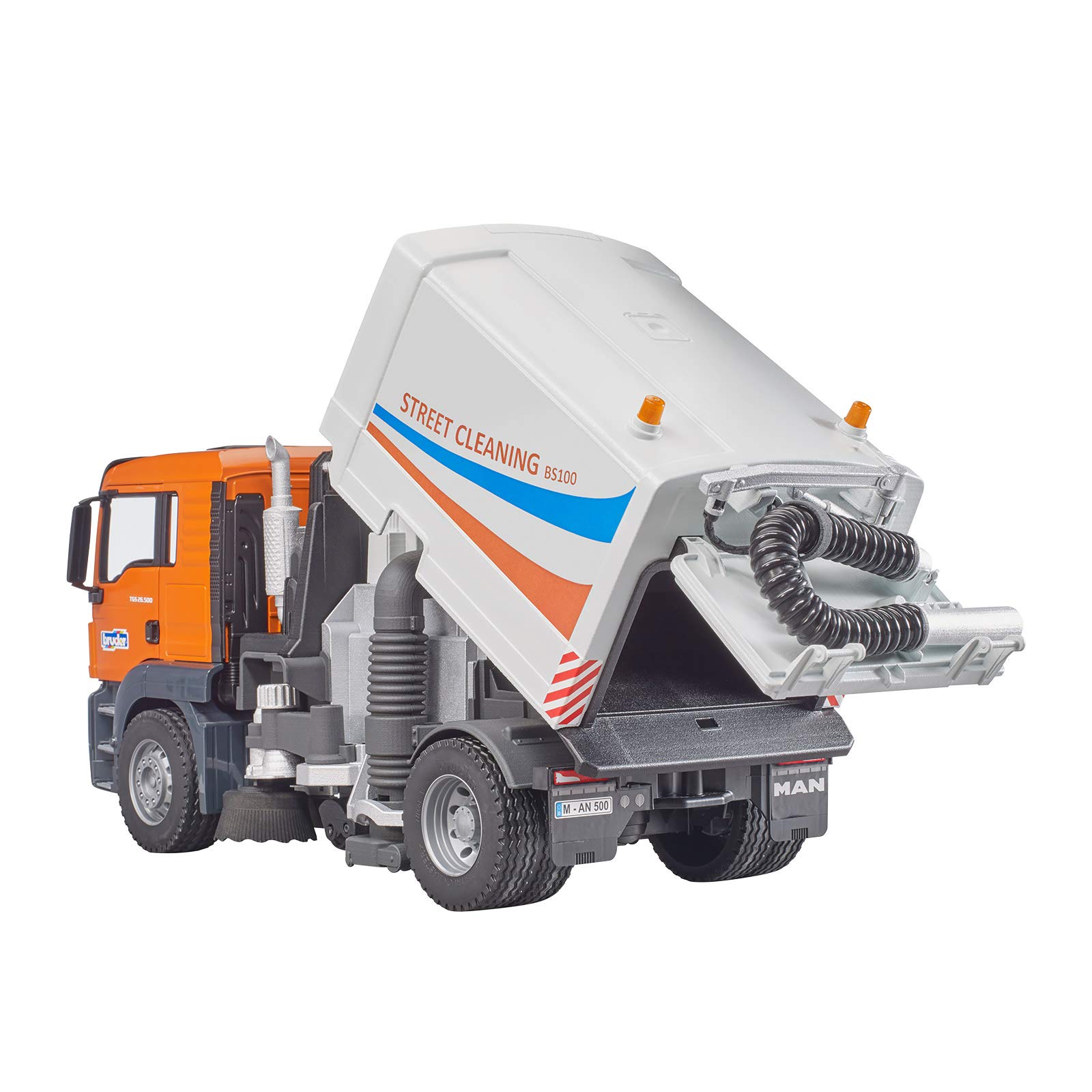 Bruder Toys - Commercial Realistic MAN TGS Street Sweeper Truck with Open-able Doors, Adjustable Brushes, and Flexible Hose - Ages 4+