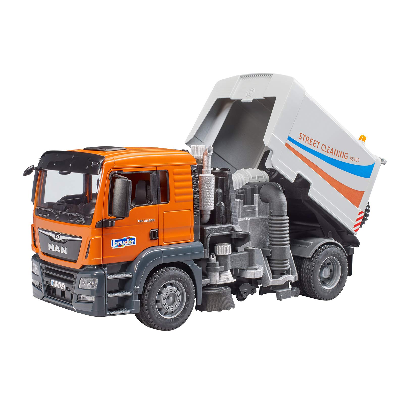 Bruder Toys - Commercial Realistic MAN TGS Street Sweeper Truck with Open-able Doors, Adjustable Brushes, and Flexible Hose - Ages 4+